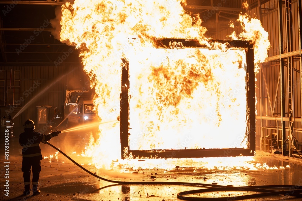 Firefighters battling a large industrial fire inside a warehouse, using ...