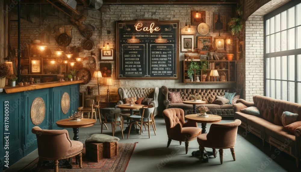 Vintage-inspired café with eclectic furniture, exposed brick walls, and ...