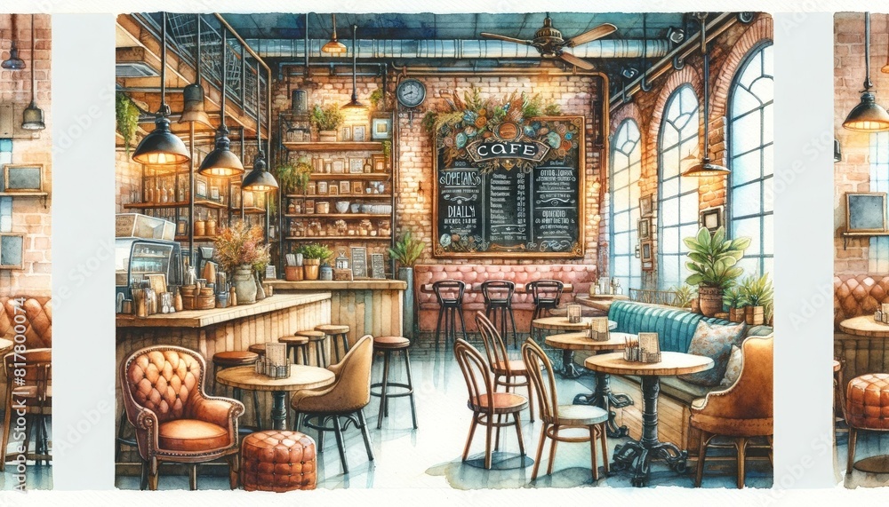 Watercolor painting of a vintage-inspired café with eclectic furniture ...