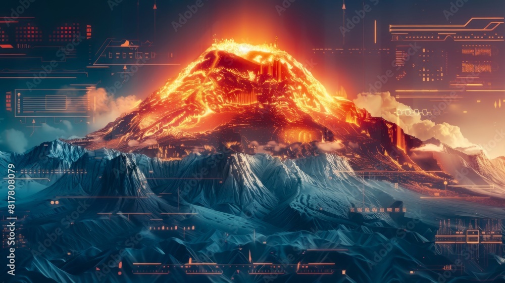 Volcanic activity monitor, An active volcano with sensors, front view ...