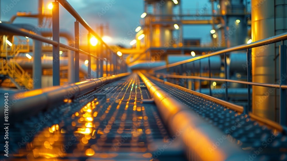 Walkway with pipes railing in industrial setting Stock Photo | Adobe Stock