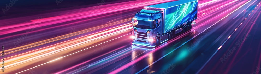 Autonomous truck speeding down a digital highway, a neon symbol of ...
