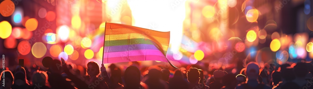 Protest banner, rainbow-colored, held high in a sea of people marching ...