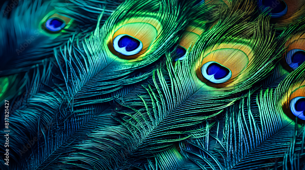 A close up of a group of peacock feathers, with their vibrant colors ...