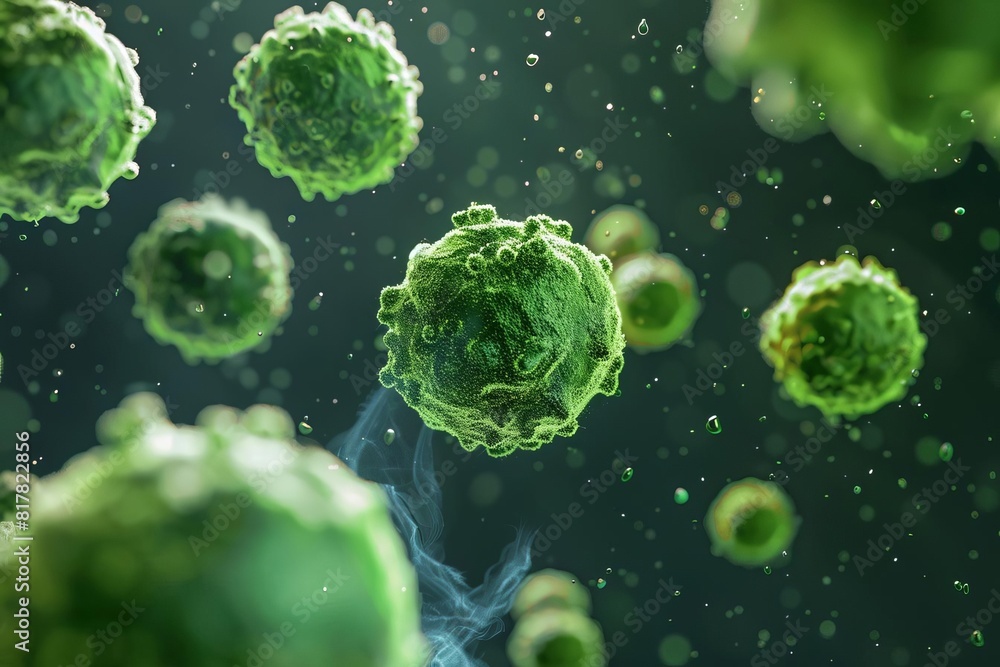 A 3D illustration of spherical bacterial cells in green, showcased in a ...