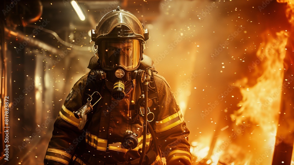 Firefighter in Full Gear: Dressed in full firefighting gear, a ...