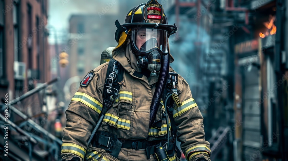 Firefighter in Full Gear: Dressed in full firefighting gear, a ...