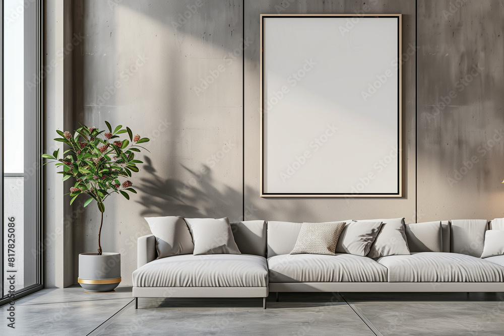 Large wall frame for poster mockup on living room wall. A spacious room ...