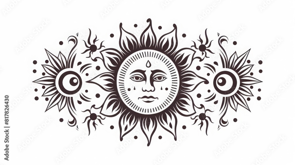Solar mandala flat design side view sun theme cartoon drawing black and ...