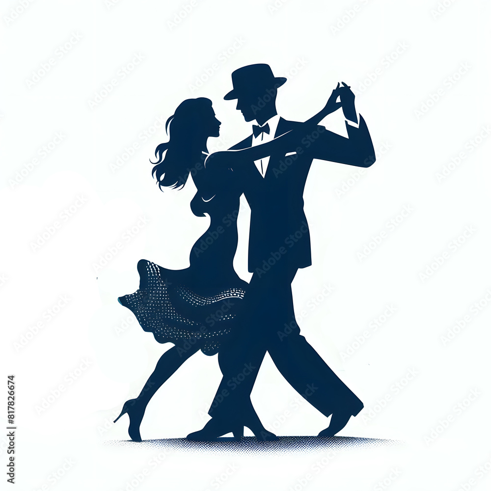 Silhouette of man and woman dancing waltz, charleston, lindy hop, social dancing. Black and ...