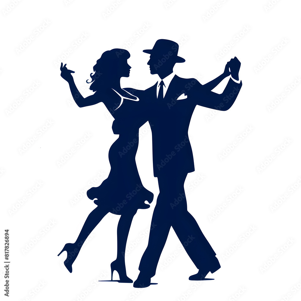 Silhouette of man and woman dancing waltz, charleston, lindy hop, social dancing. Black and ...