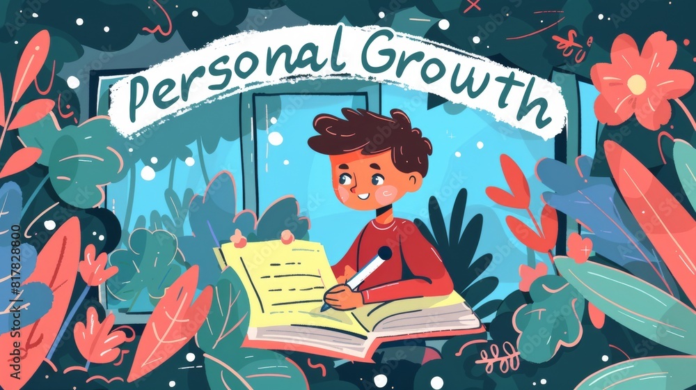Illustration of a young boy writing in a journal surrounded by plants ...