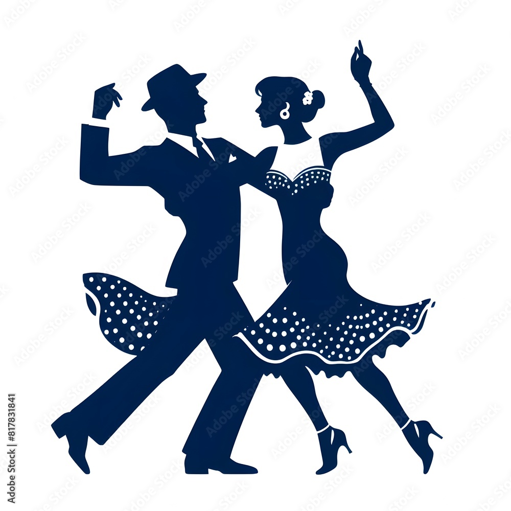 Silhouette of man and woman dancing waltz, charleston, lindy hop, social dancing. Black and ...
