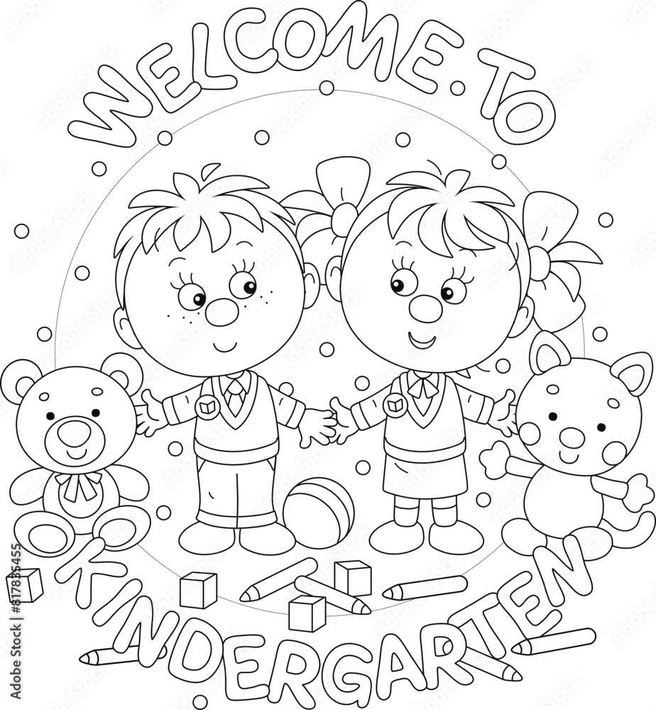Welcome to kindergarten card with funny little boy and girl among their ...