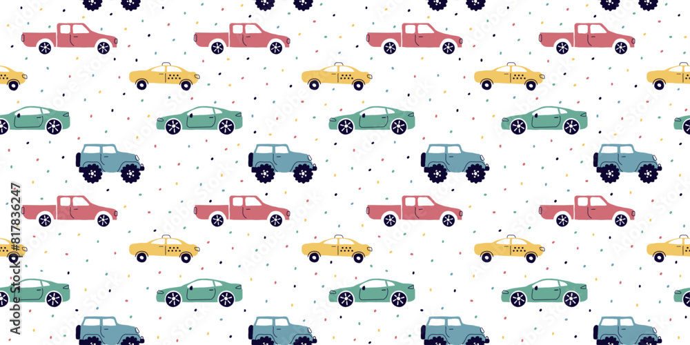 Seamless pattern with hand drawn cars, signs, dotss. Cartoon background ...