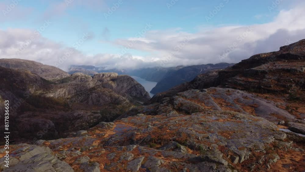 Drone footage of the Preikestolen (Pulpit Rock) hike trail in the ...