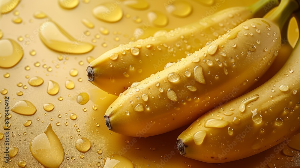 Three ripe bananas with water droplets on a yellow background Stock ...