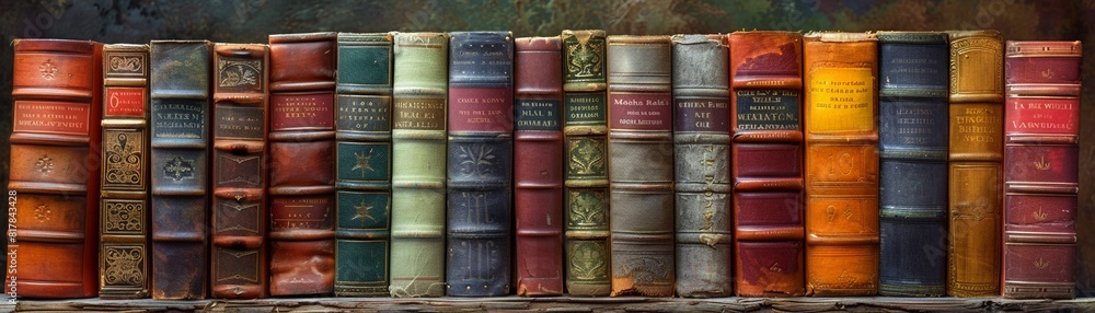 A horizontal row of meticulously arranged rare books and manuscripts ...