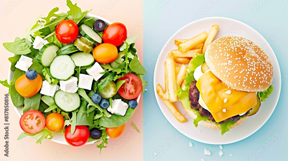 Healthy Food vs. Junk Food: Overhead Comparison of Fresh Salad and ...