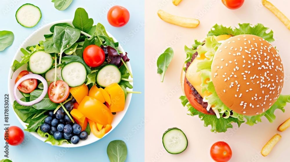 Healthy Food vs. Junk Food: Overhead Comparison of Fresh Salad and ...