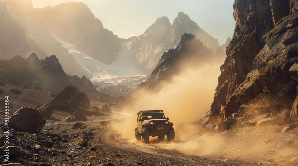Four-wheel drive vehicle traversing a rugged mountain track, with dust ...