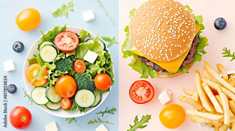 Healthy Food vs. Junk Food: Overhead Comparison of Fresh Salad and ...