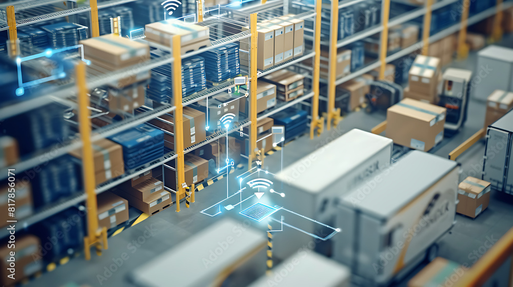 Smart warehouse with RFID tags and IoT sensors on packages. Smart ...