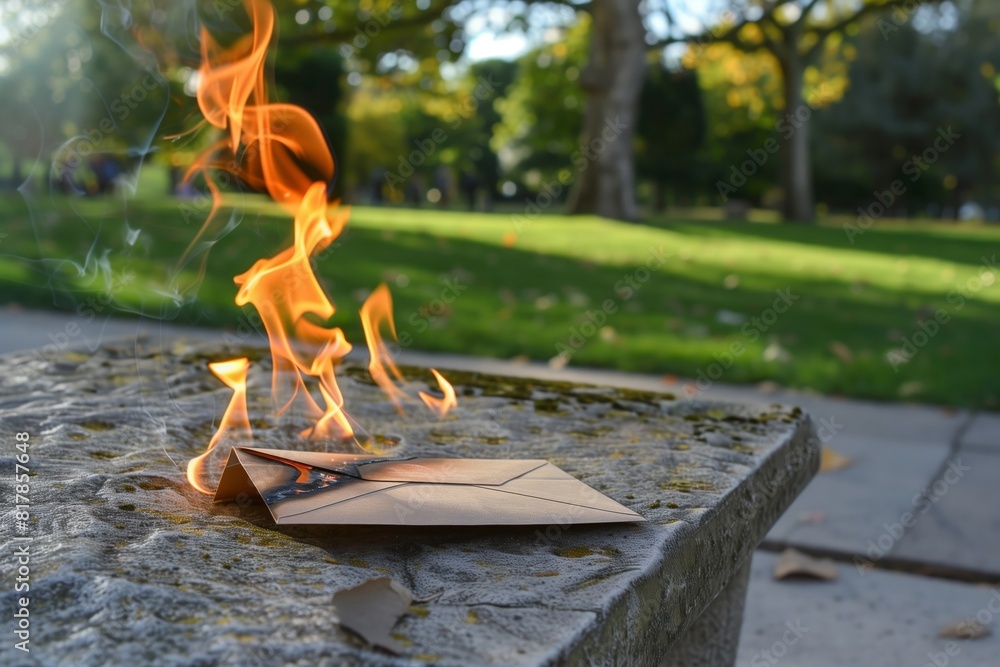 Burning envelope on a stone surface in an outdoor park setting, with ...