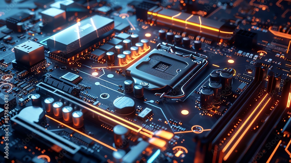 Hightech motherboard layout detailed with capacitors resistors and ...