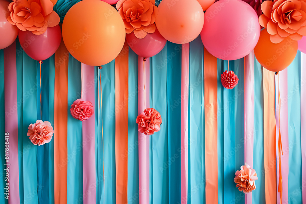 Depict a DIY photo booth backdrop adorned with colorful streamers ...