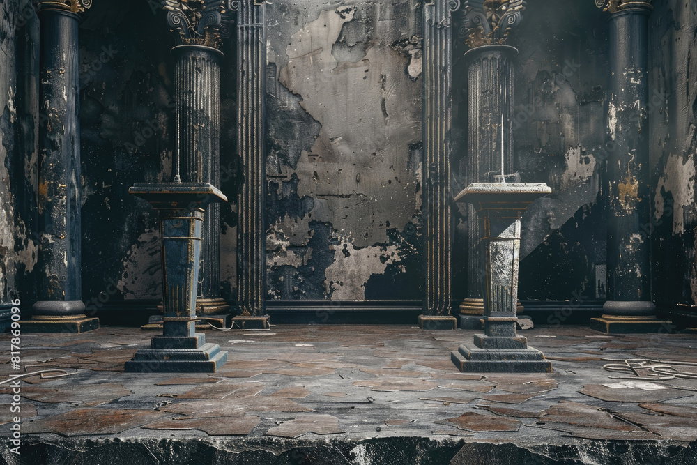 Aancient hall features tall, weathered pillars and chipped stone altars ...