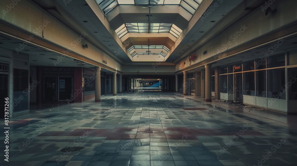 Empty abandoned shopping mall corridor, showcasing the stark, deserted ...