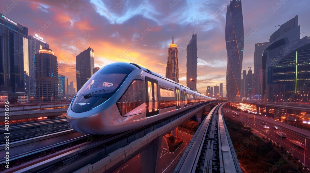sky trains and mass transportation station with modern building in city ...