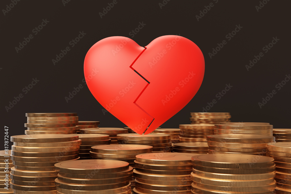 Red broken heart on piles of gold coins in black background ...