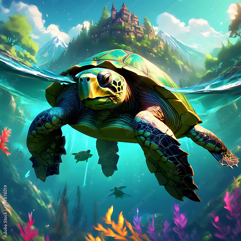 Giant turtle swimming through the sea, carrying forests and mountains ...