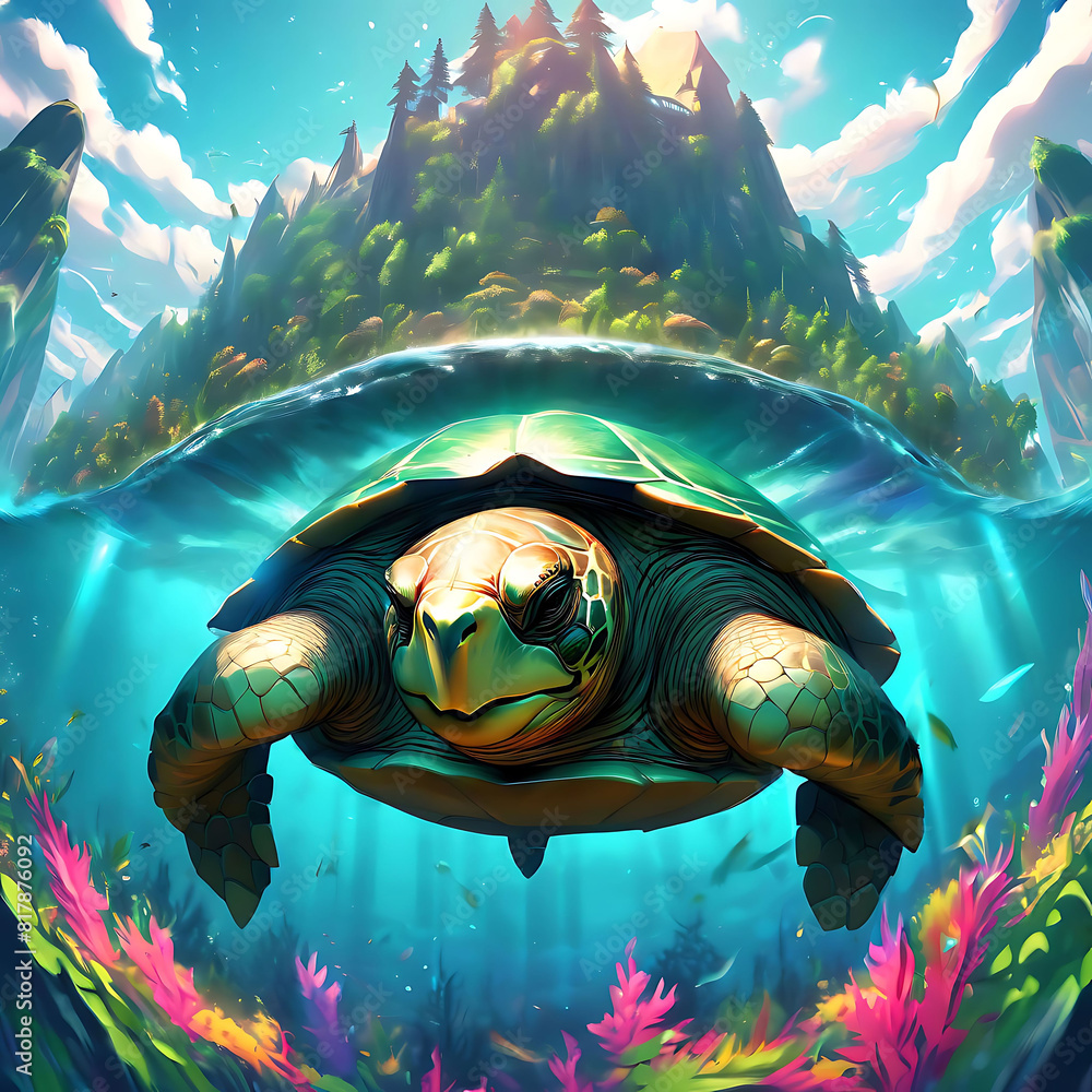 Giant turtle swimming through the sea, carrying forests and mountains ...
