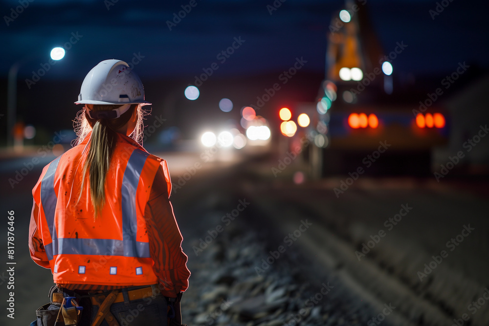 1 Female woman road worker in safety vest hardhat working on roadwork ...