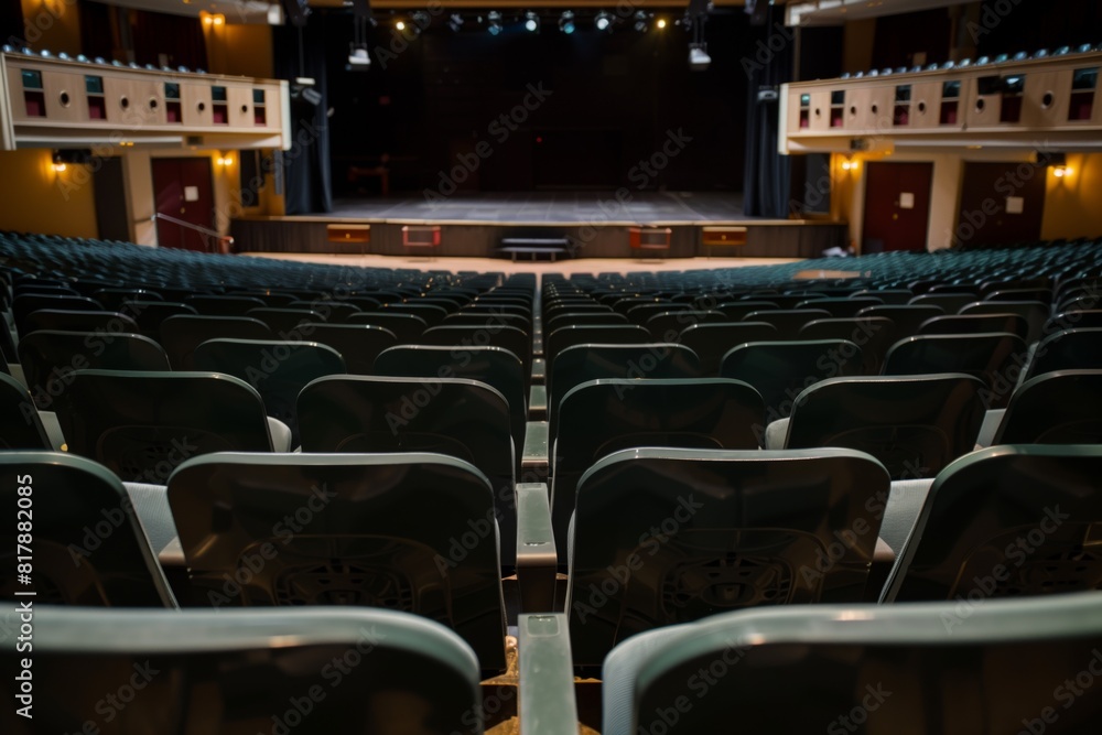Interior view of an empty theater with rows of seats facing a stage, ready for a performance or ...