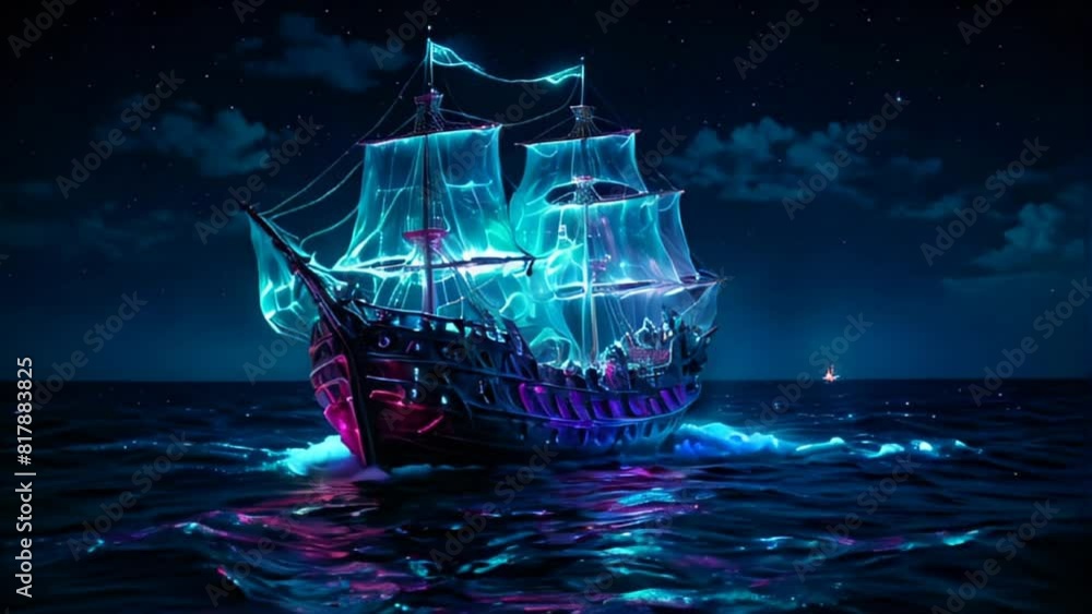 A ghostly pirate ship illuminated by eerie neon lights in the middle of ...