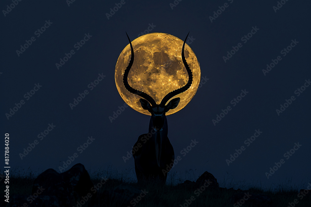Depict the soft glow of the moon shining through the elegant, curved horns of a gazelle ...