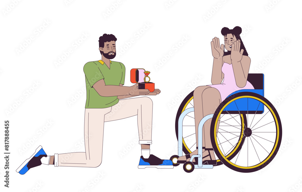 Black man proposing to hispanic woman with disability 2D linear cartoon ...