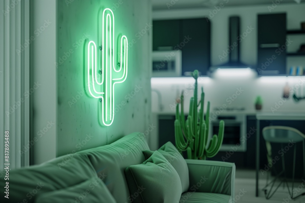 Modern living room with a neon green cactus light on the wall, cactus ...
