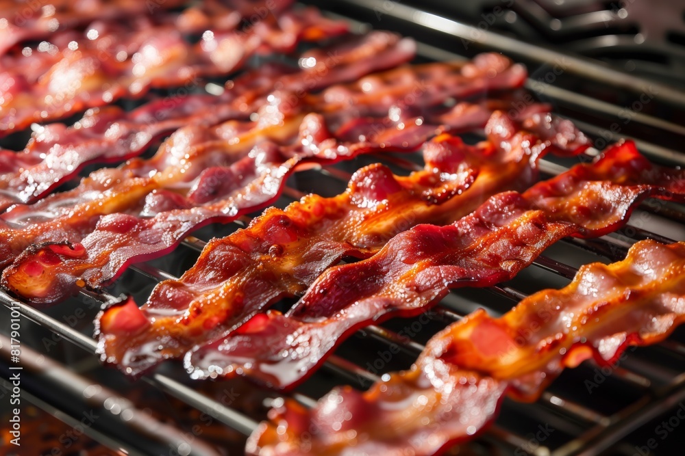 Close-up of sizzling crispy bacon strips on a grill. The high-quality ...