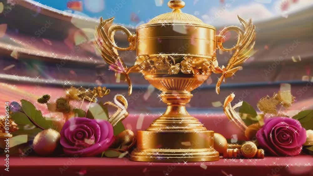 luxury gold award trophy on the podium with a bouquet of flowers ...