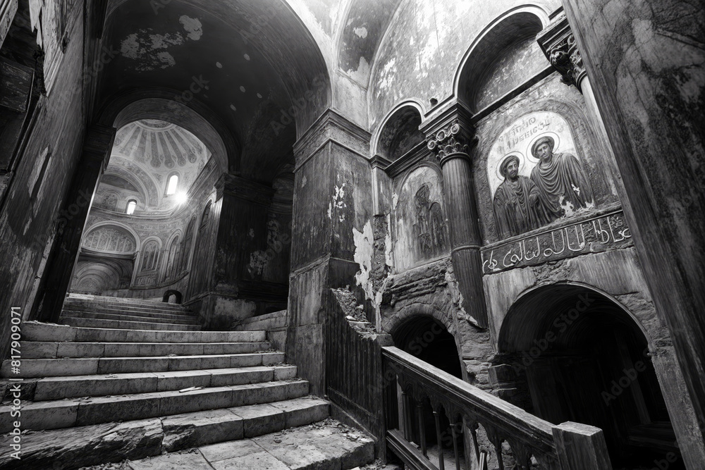Ancient Byzantine church interior with stone steps and frescoes ...