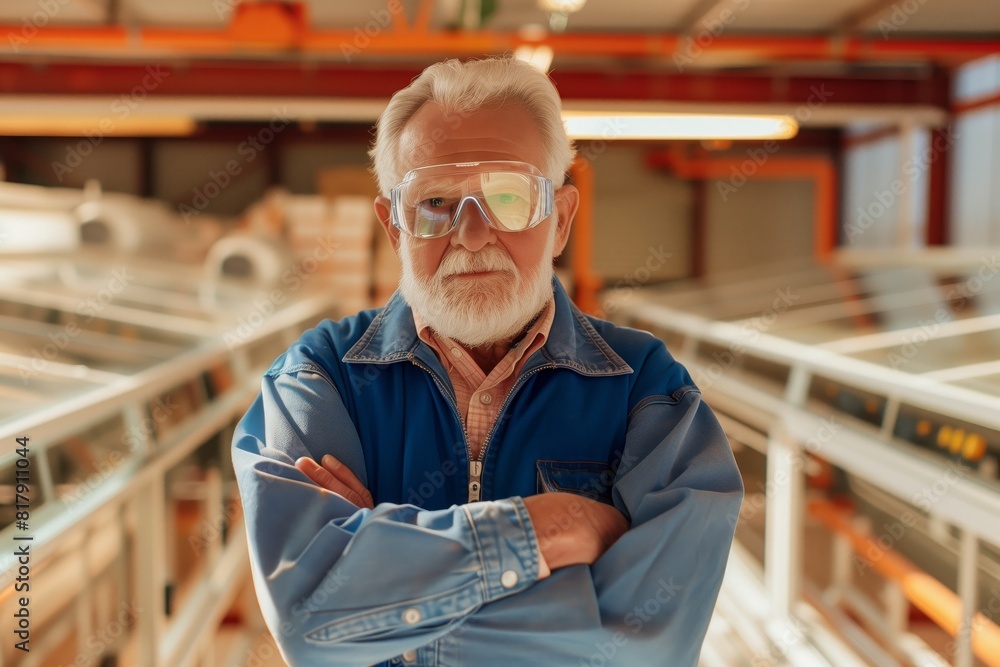 Elderly worker wearing safety goggles, standing with arms crossed in an ...