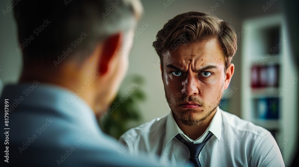 Angry young businessman looking at his boss in the office, white shirt ...