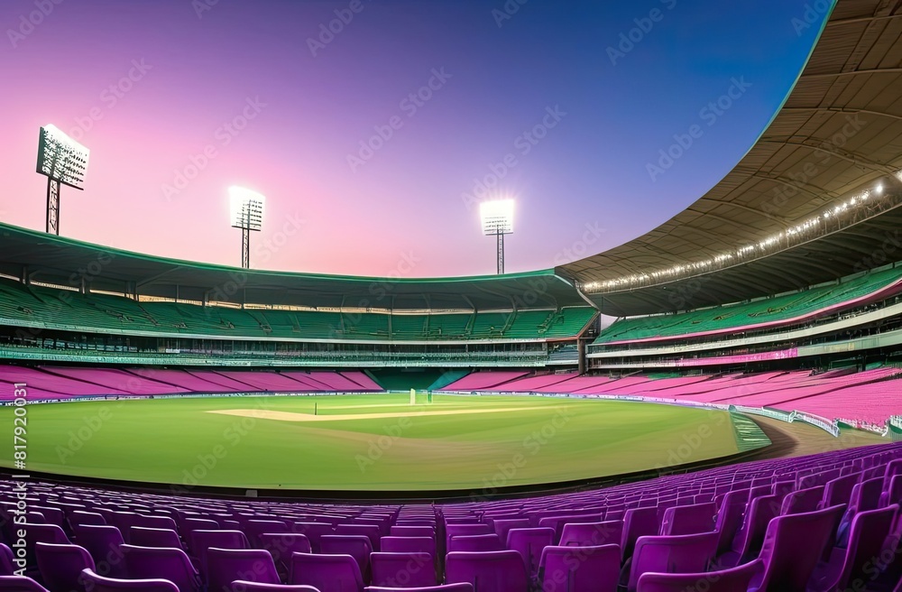 Cricket stadium with green grass. View of cricket stadium at twilight ...