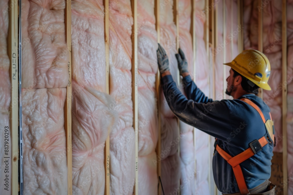 Construction worker installing fiberglass insulation in wall framework ...