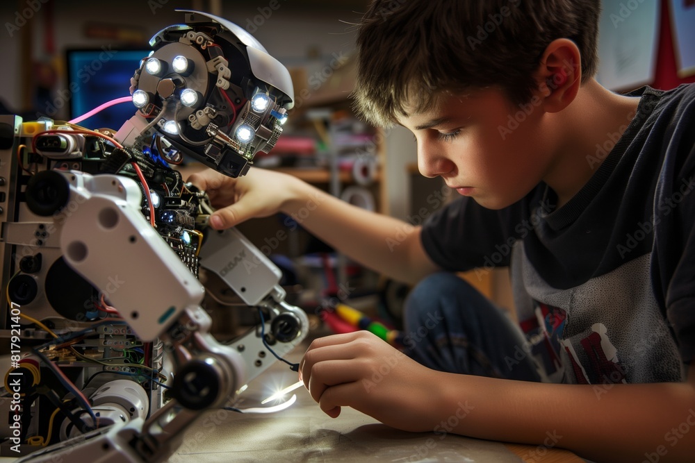 A child is working intently on a robot, focusing on assembling or ...